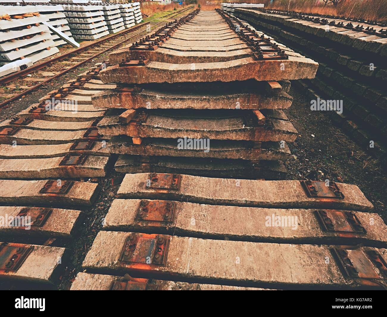 Used sleepers stock in railway depot. Old, dirty and rusty used ...