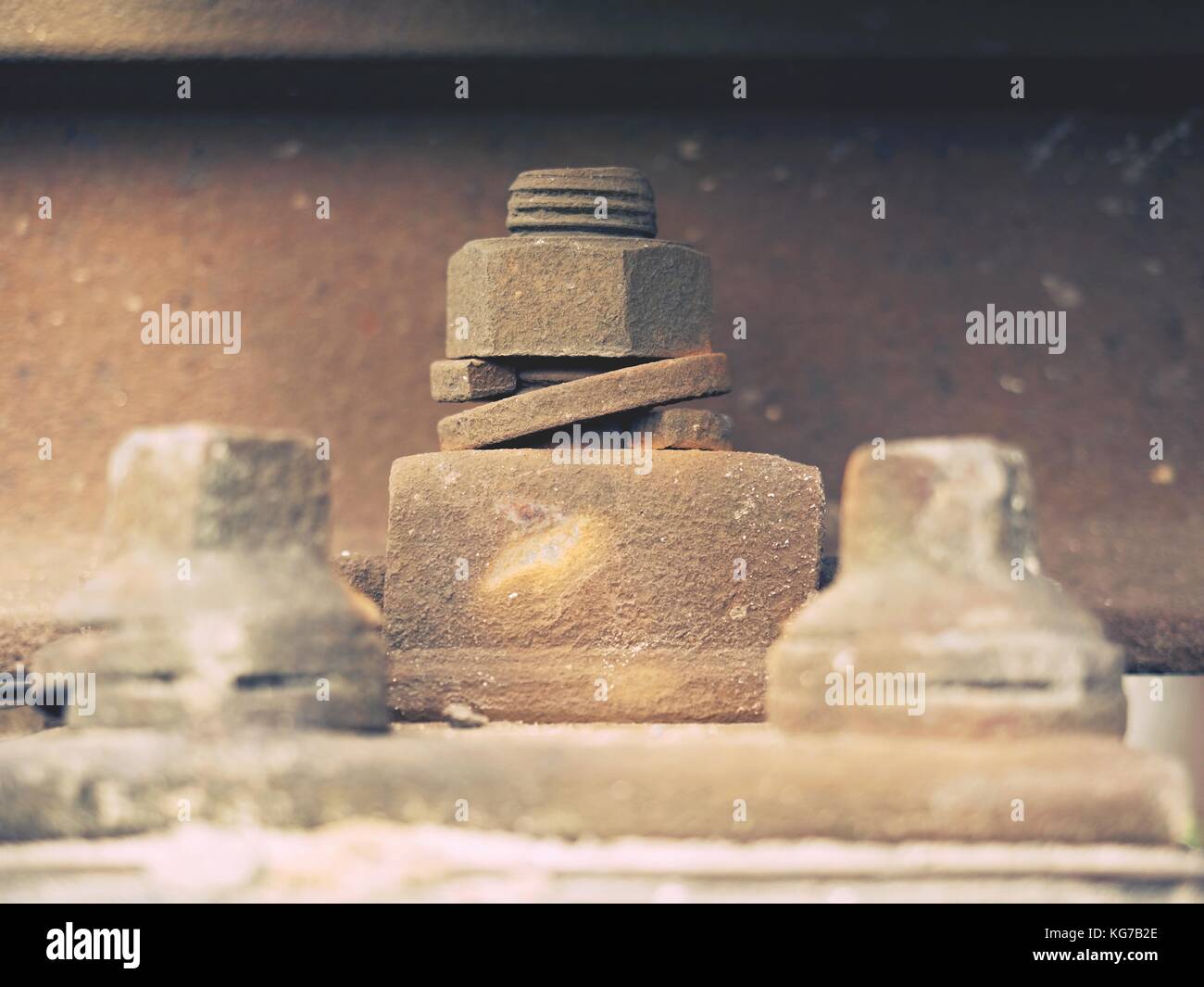 Detail of rusty screws and nut on old railroad track. Rotten wooden tie ...