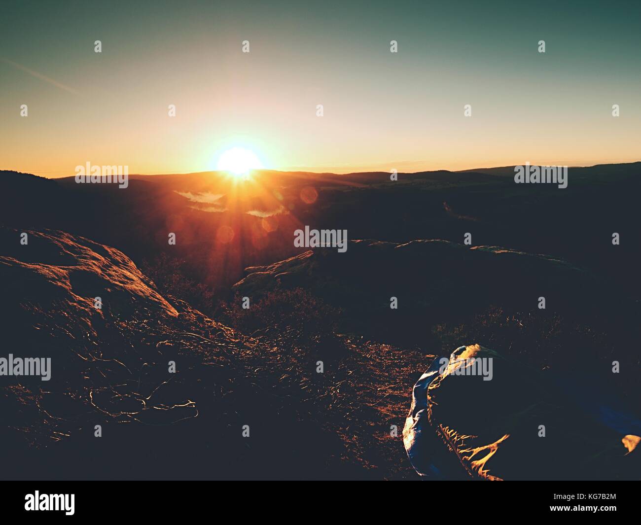 Beautiful awakening in rocks. Sleeping in nature in sleeping bag. View ...