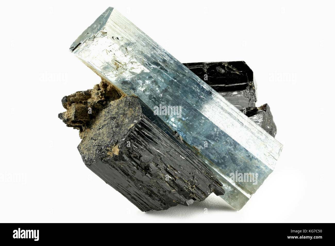 aquamarine crystal with schorl from Erongo/ Namibia isolated on white ...