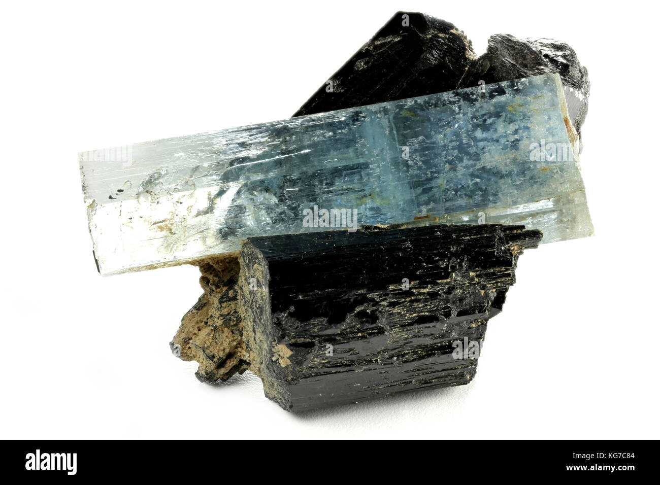 aquamarine crystal with schorl from Erongo/ Namibia isolated on white ...