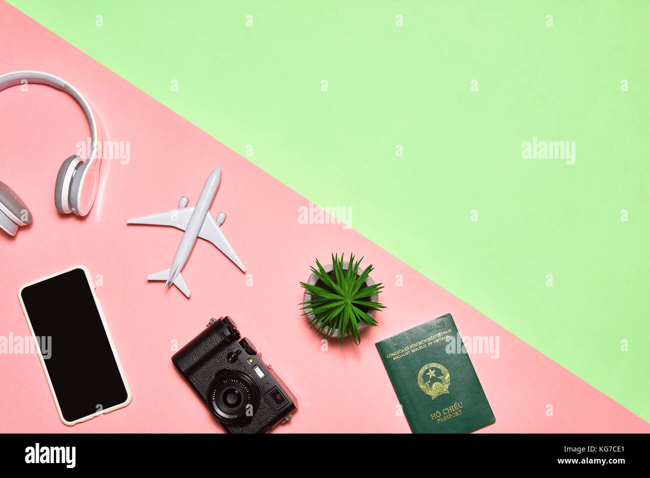 Different objects for traveling on color background. Top view Stock ...