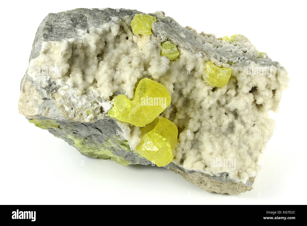 native sulfur on aragonite from Sicily/ Italy isolated on white ...