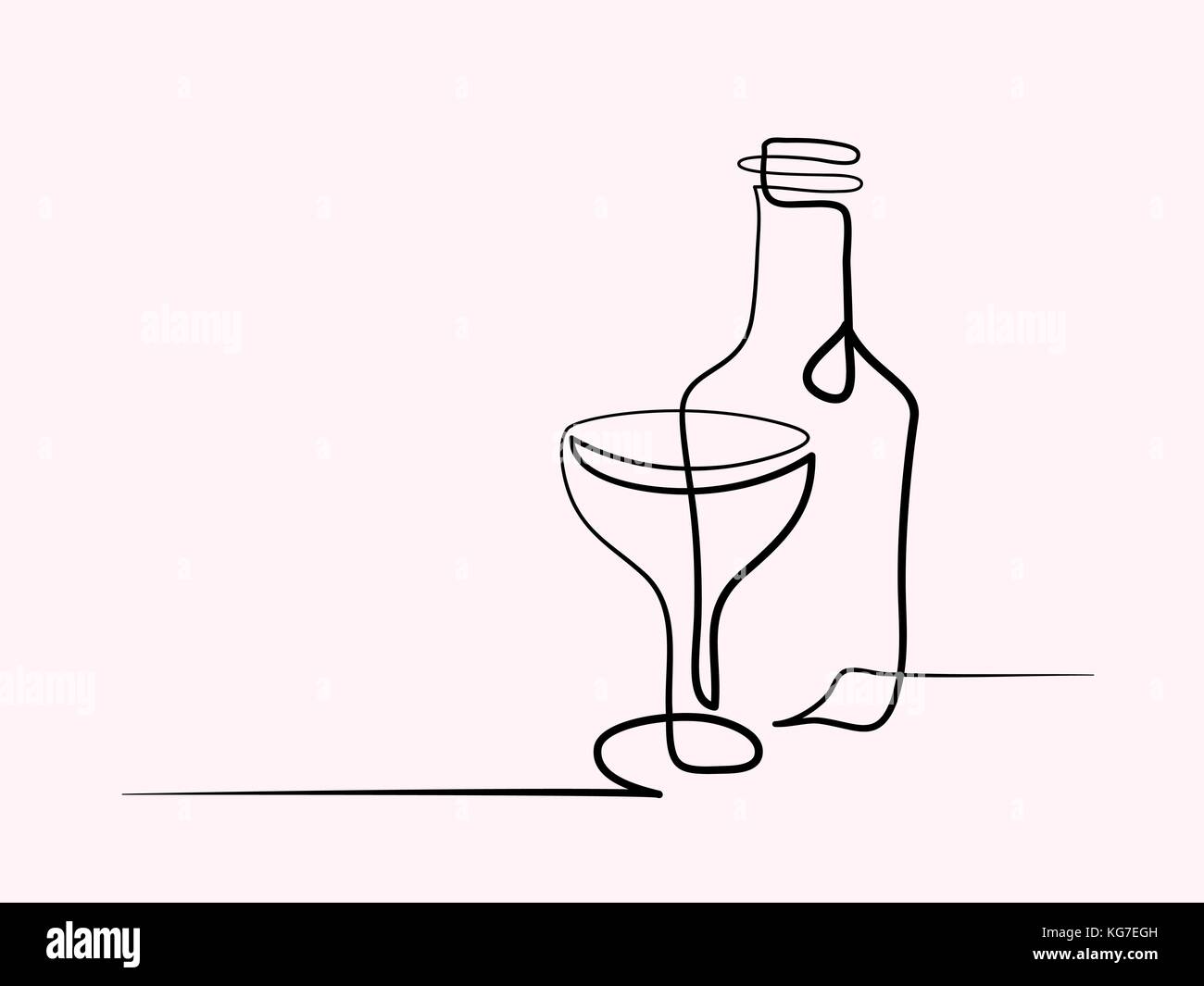 Continuous line drawing. Wine bottle and glass contour. Black outline ...