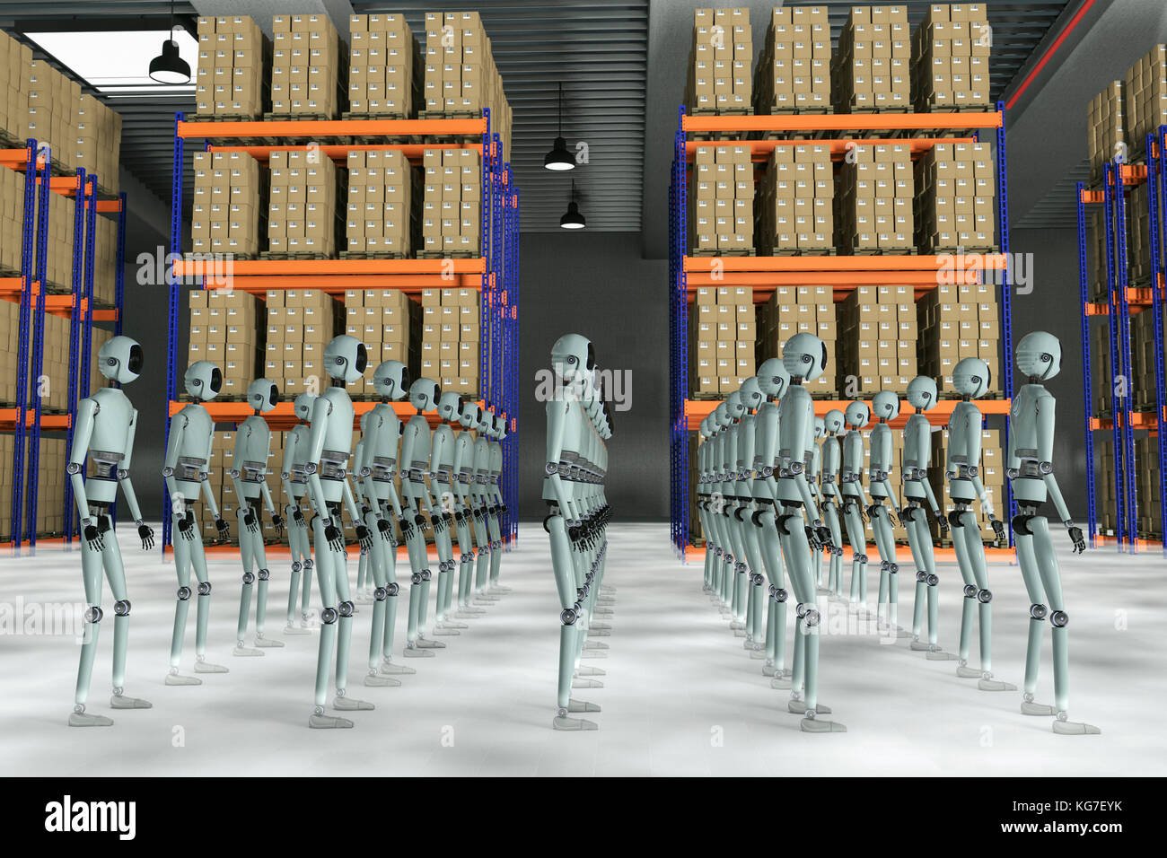 many robots in a large warehouse Stock Photo - Alamy