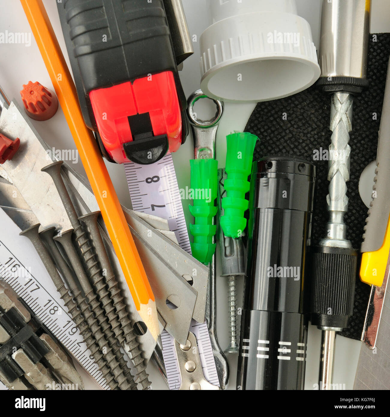 collection tools on white background Stock Photo - Alamy