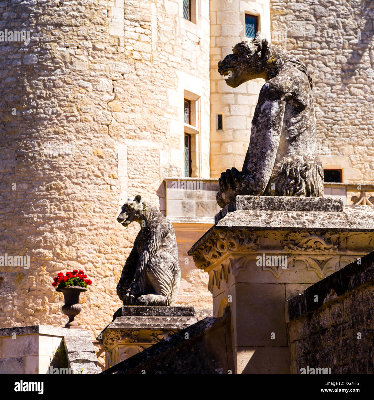 Bear-like gargoyles overlooking the gardens of the Château des Milandes ...