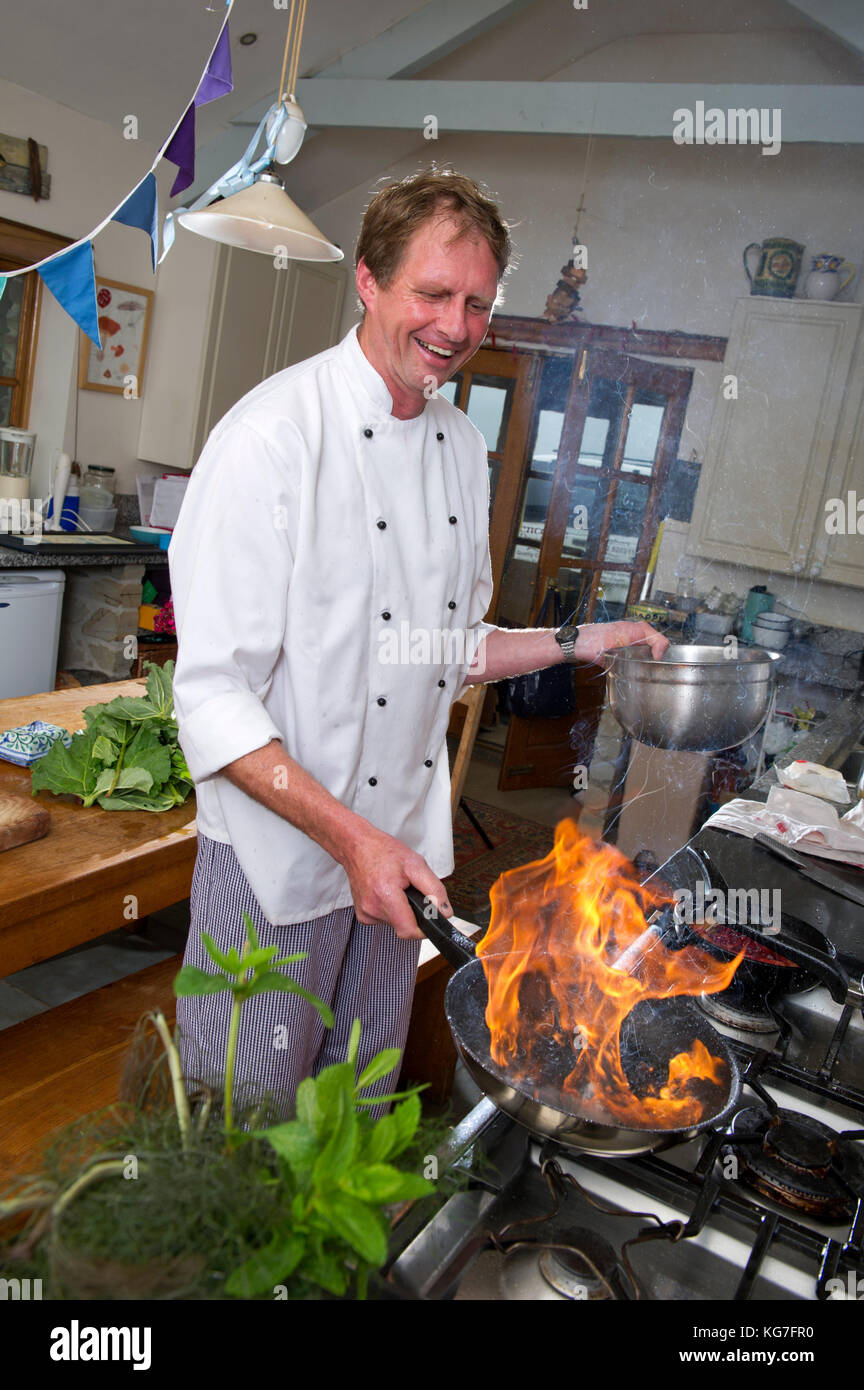 Chef William Marsden cooking with turbot & oysters in his kitchen in ...