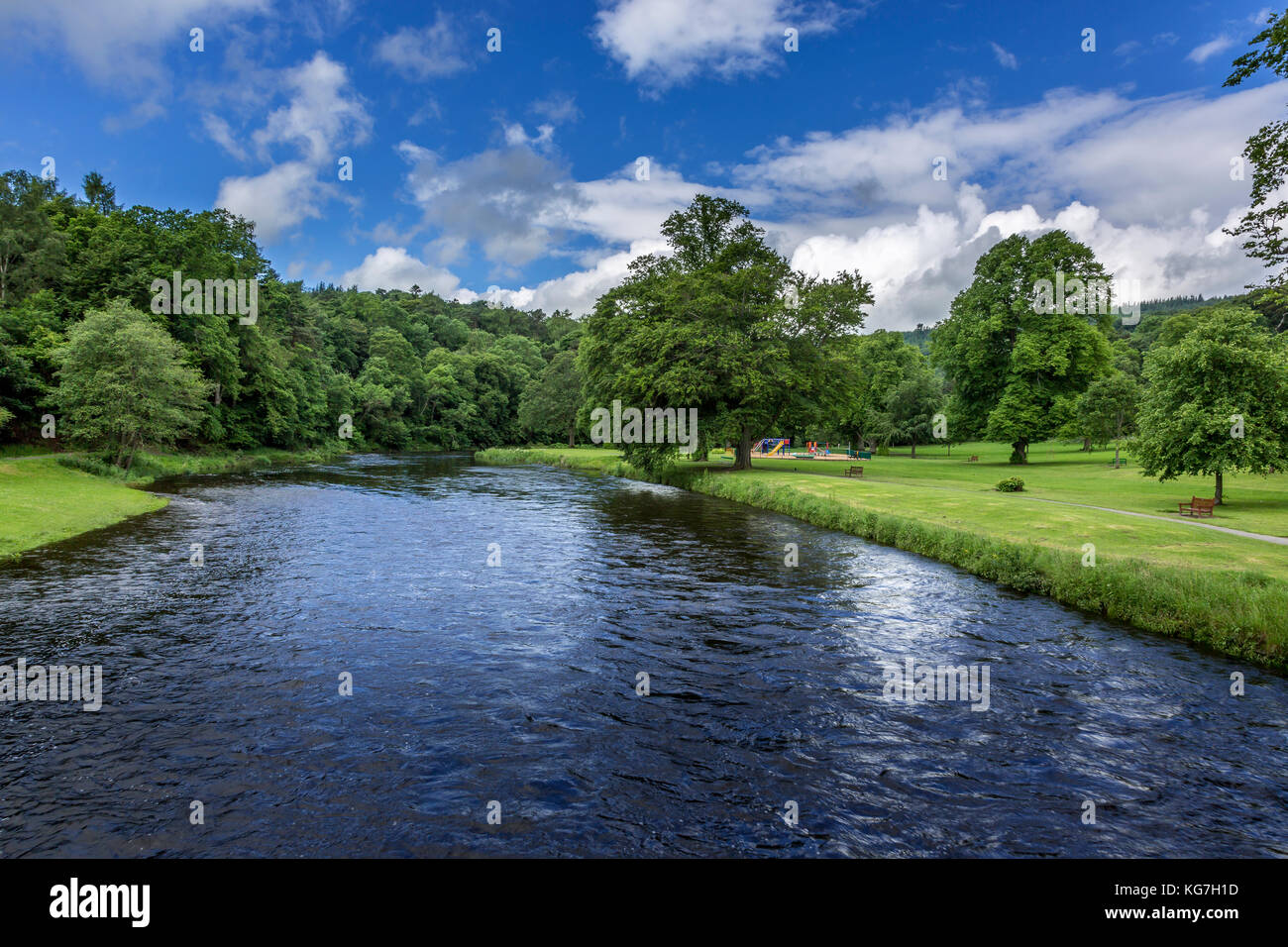 The River Tweed as it runs through the Scottish Borders town of Peebles ...