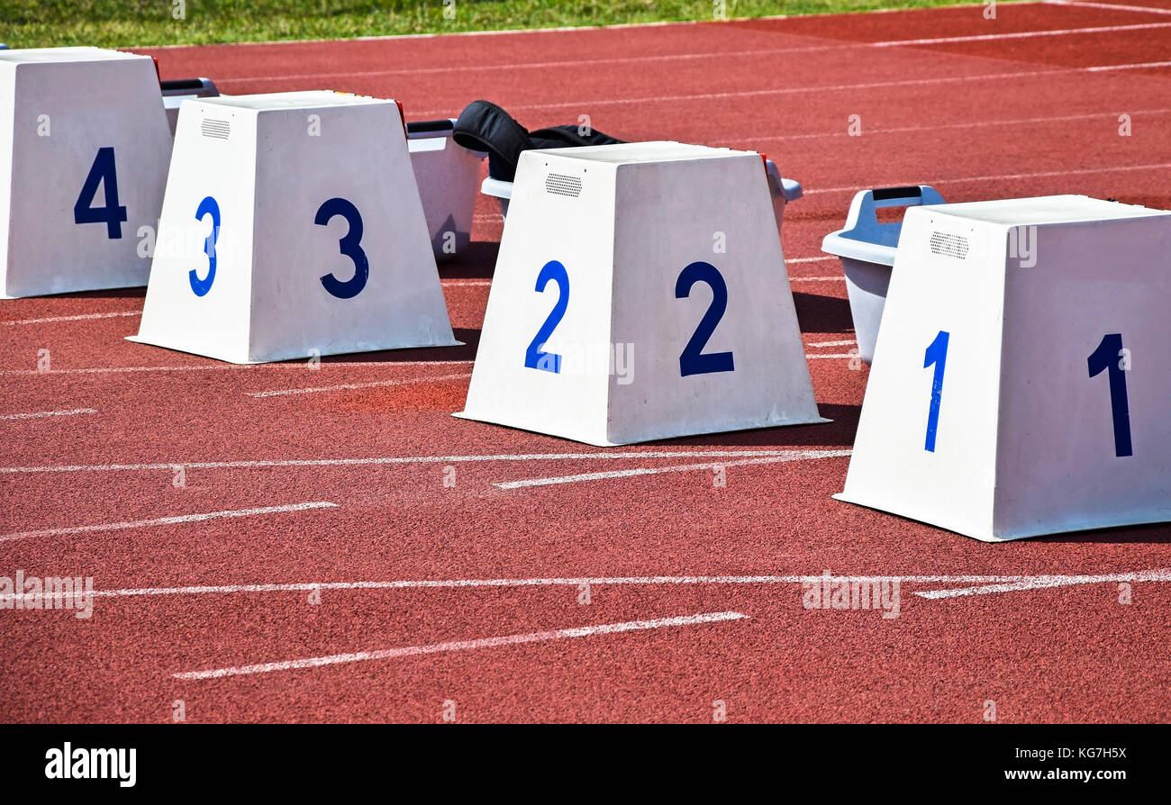 Starting blocks of the running track Stock Photo - Alamy
