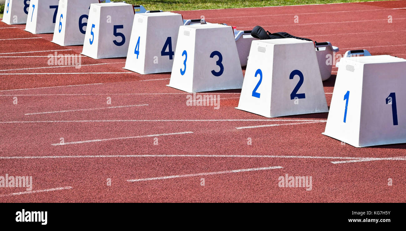 Starting blocks of the running track Stock Photo - Alamy