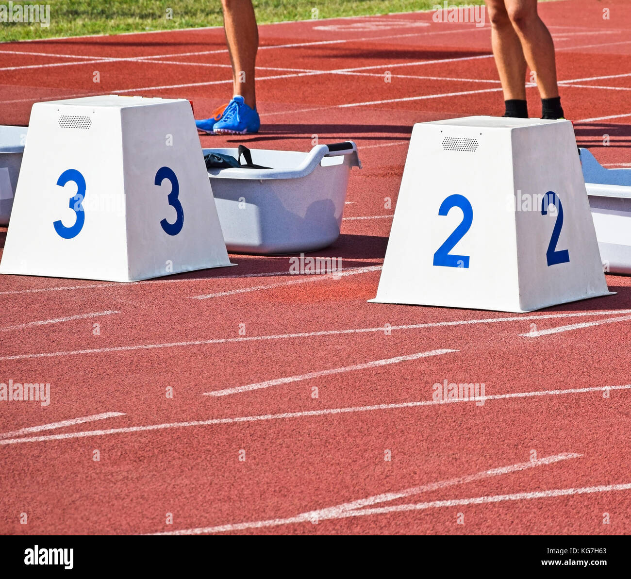 Starting blocks of the running track Stock Photo - Alamy