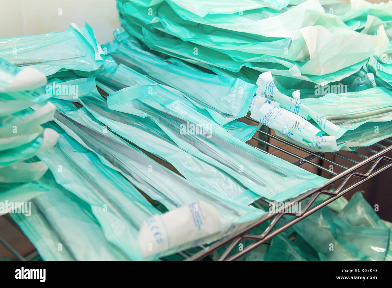 Close up sterilized packaged surgical instruments. Selective focus ...