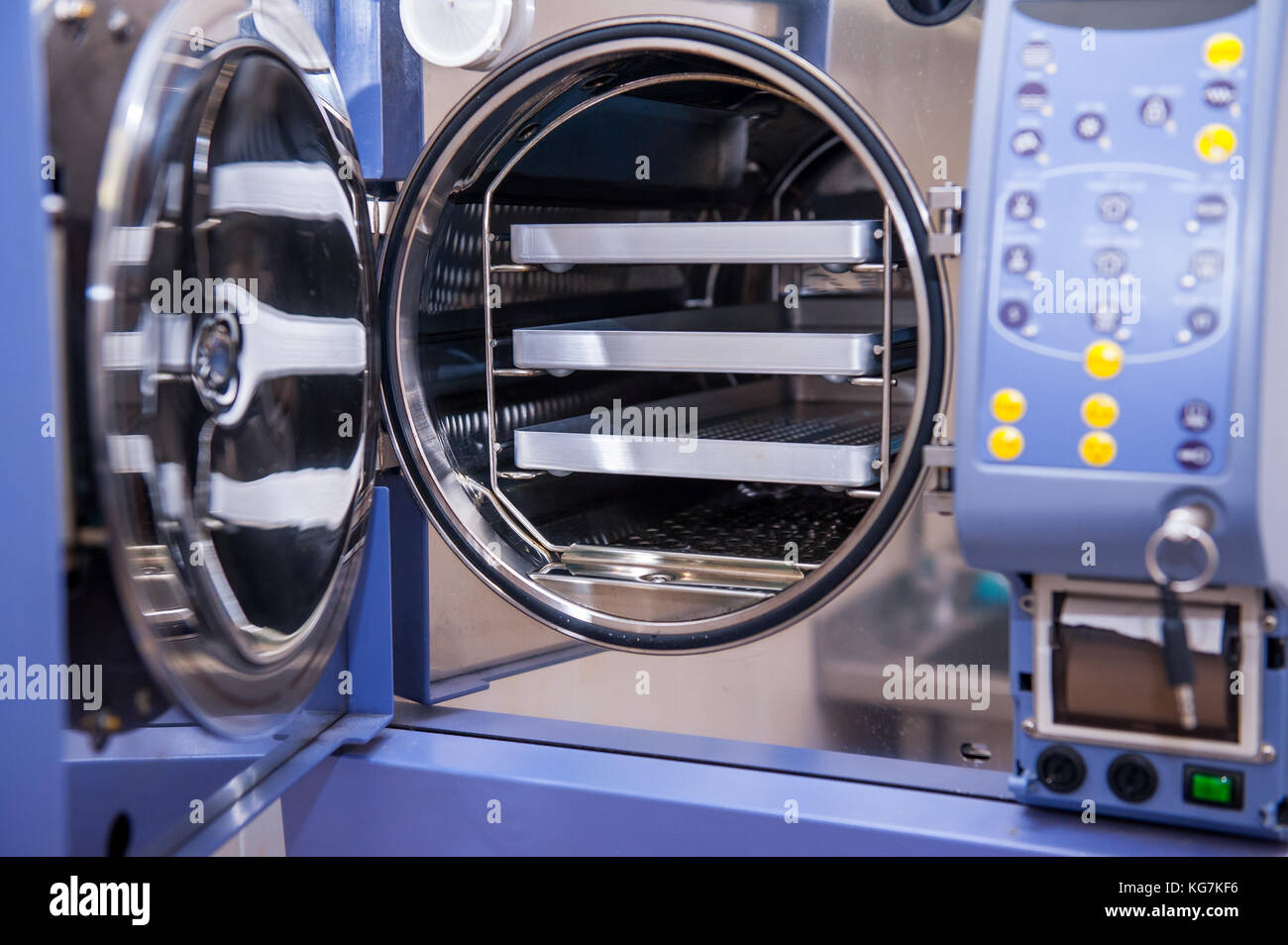 Close up Modern laboratory autoclave sterilizer on the table. Selective ...