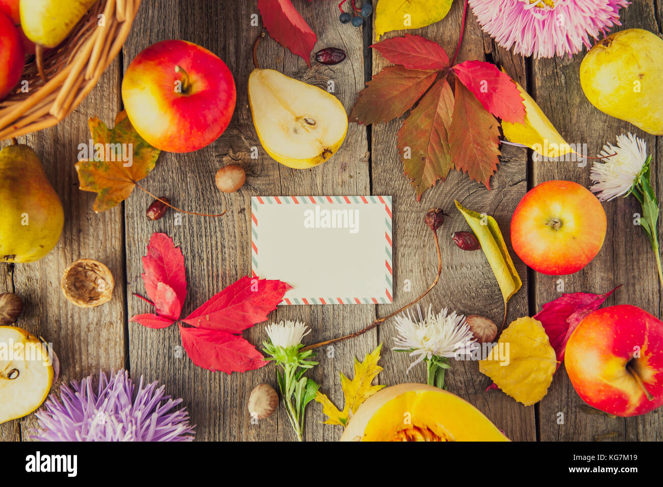 Harvest or Thanksgiving background with autumnal fruits, flowers, gourd ...