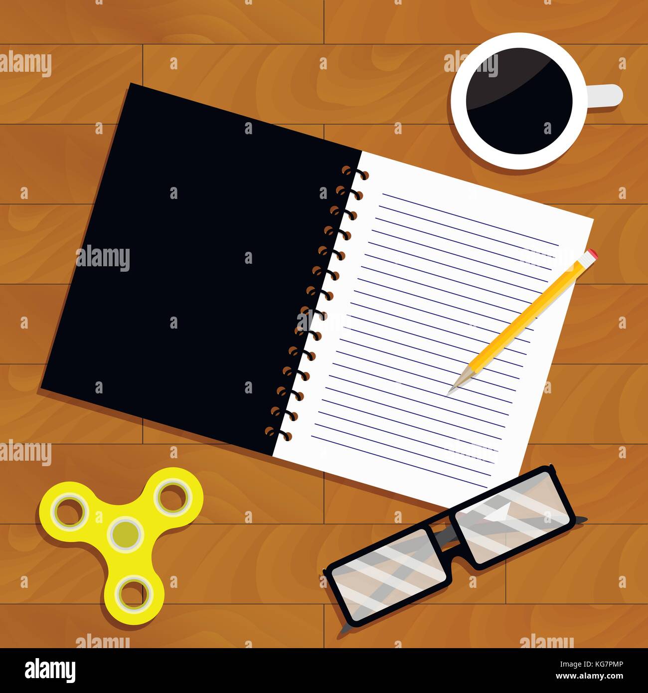 Modern work place view top. Vector office desk wooden, table workplace ...