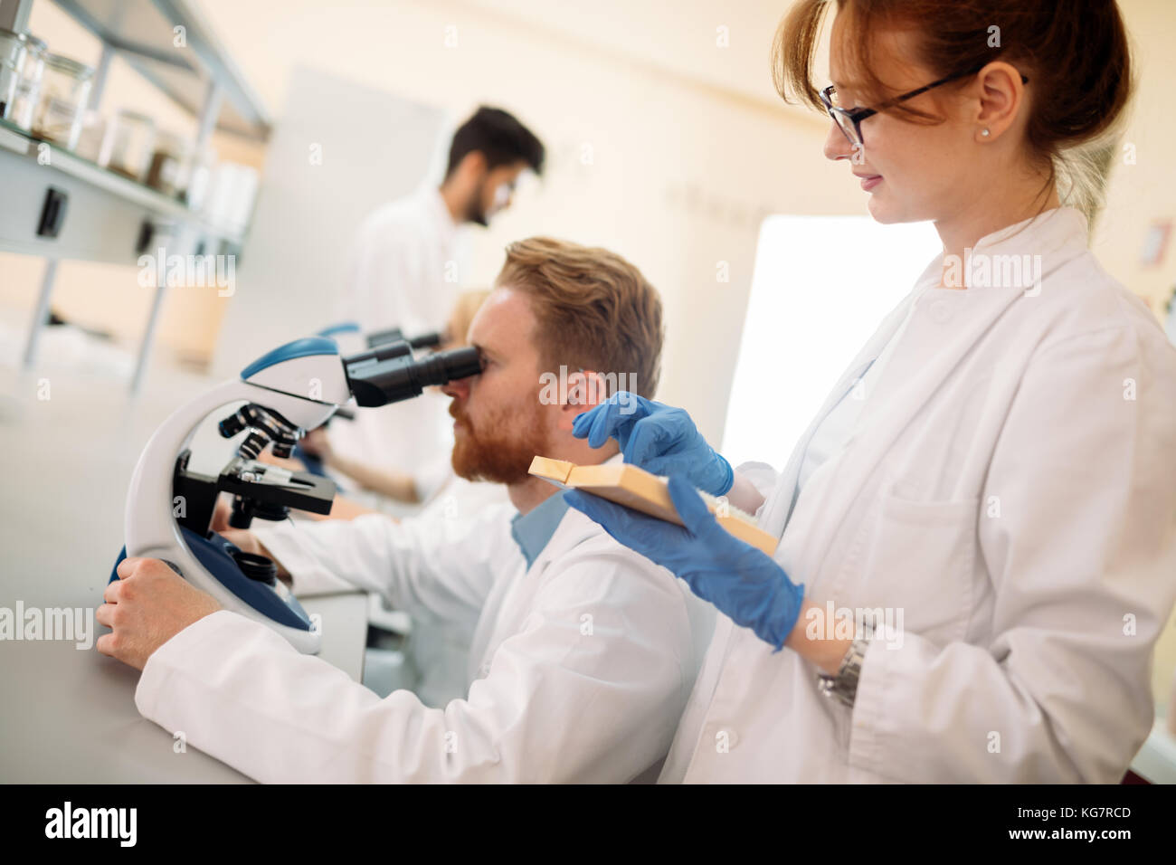 Young scientist looking through microscope in laboratory Stock Photo ...