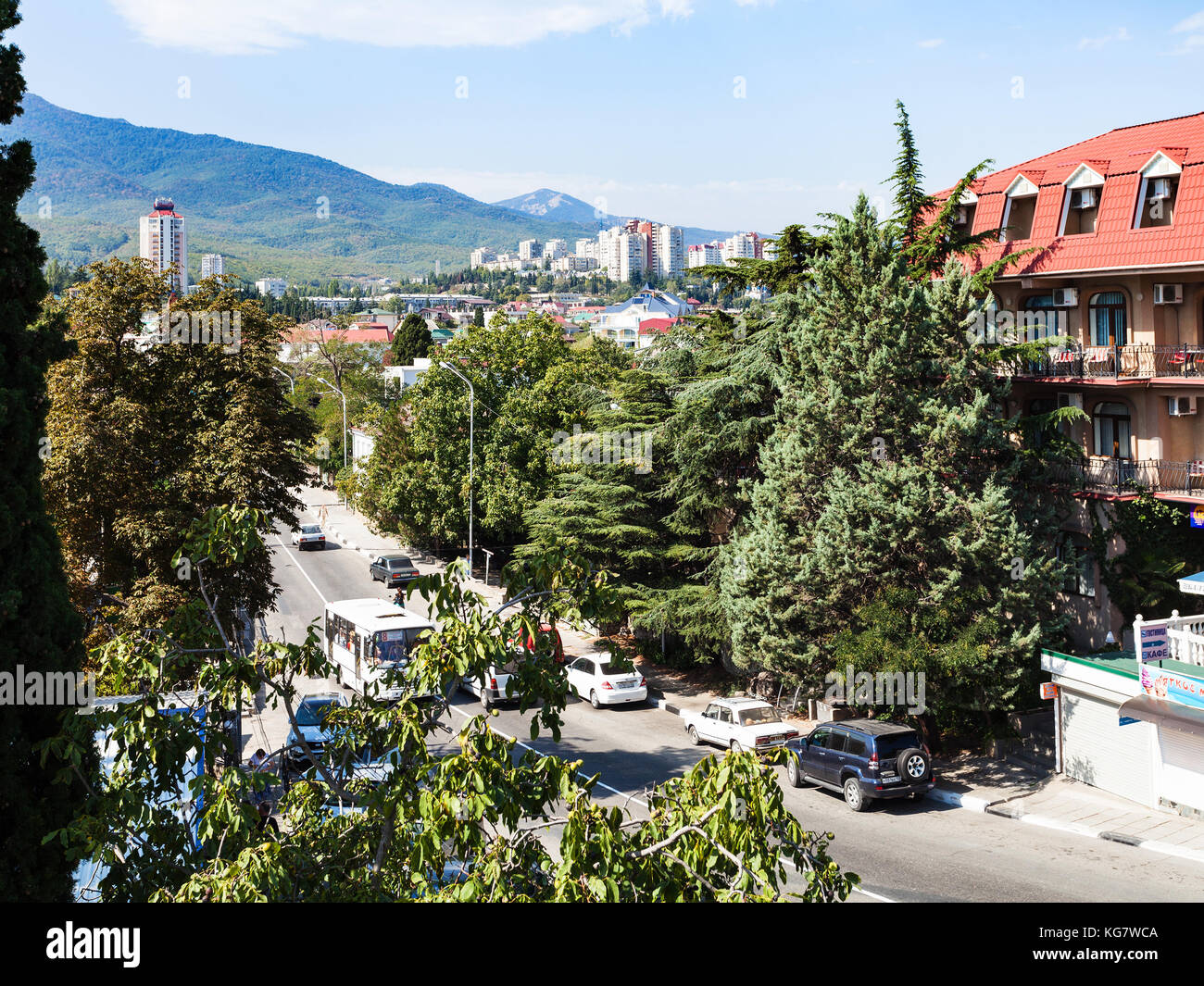 ALUSHTA, CRIMEA - SEPTEMBER 21, 2017: cars on Baglikov Street in ...