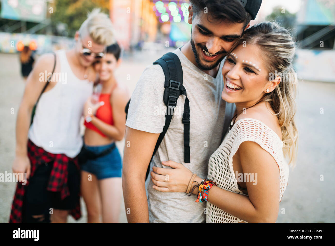 Group of friends having fun time at music festival Stock Photo - Alamy