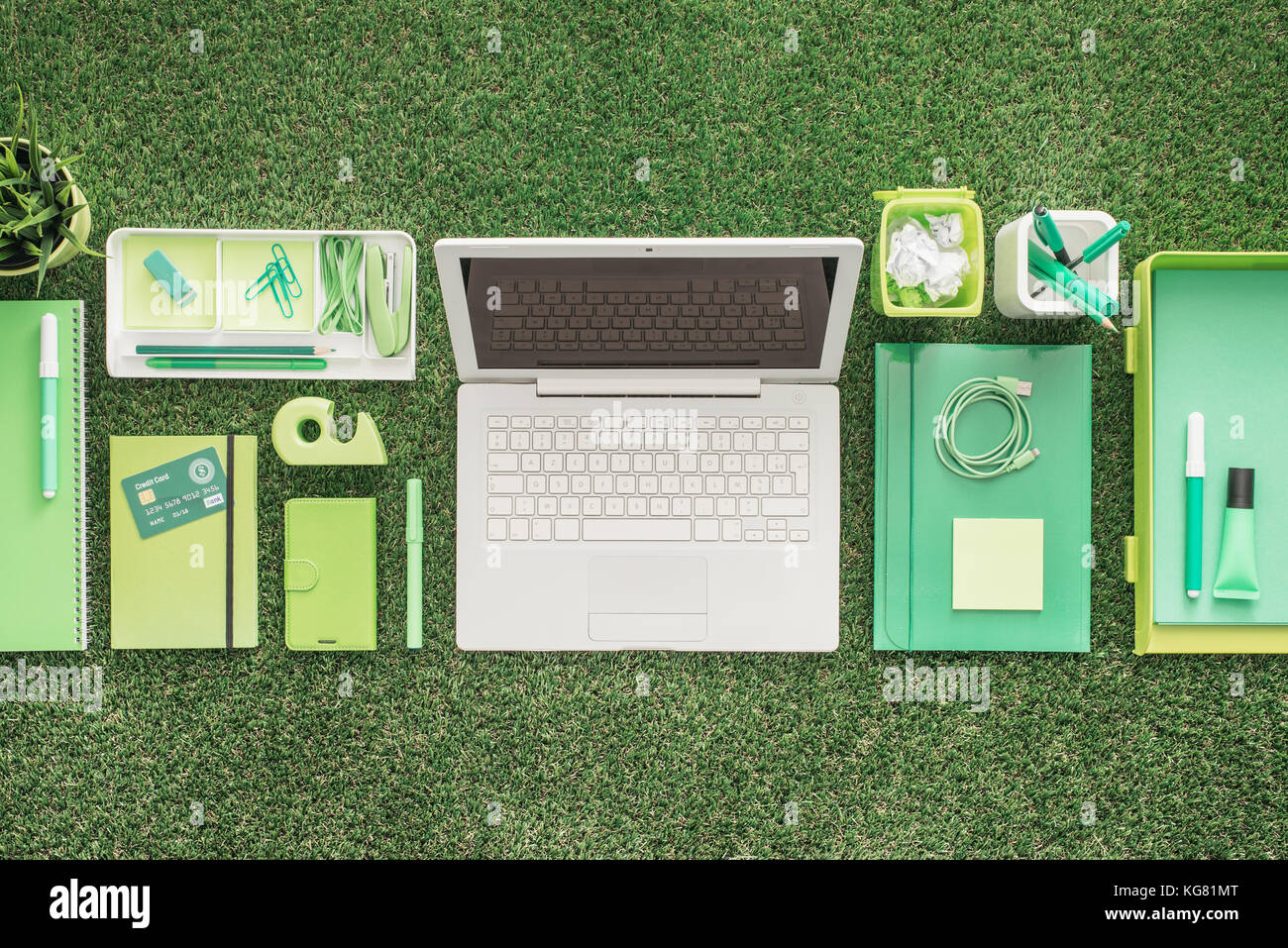 Laptop and green office accessories on lush grass, environment and ...