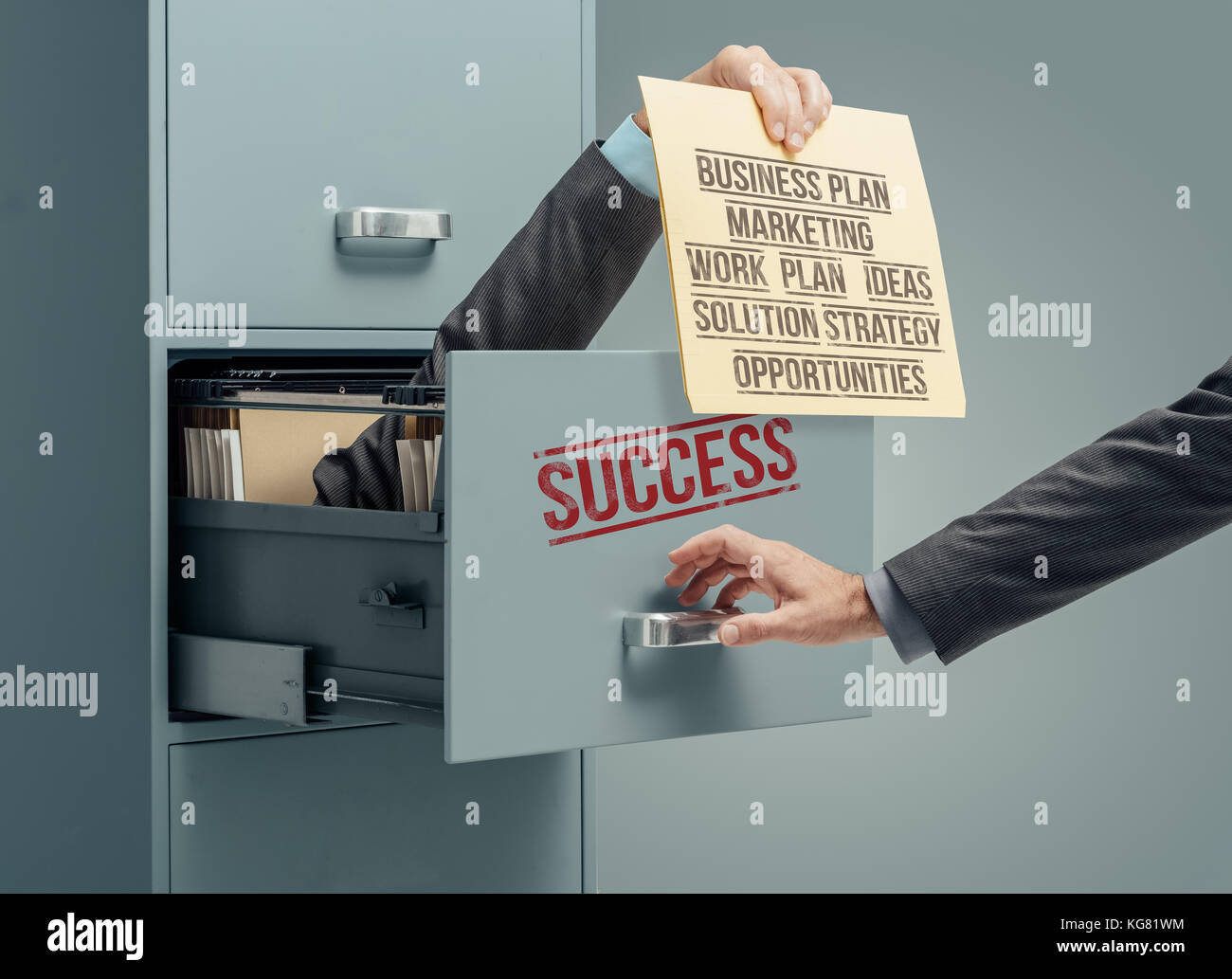 Businessman inside a filing cabinet giving a file with a successful ...