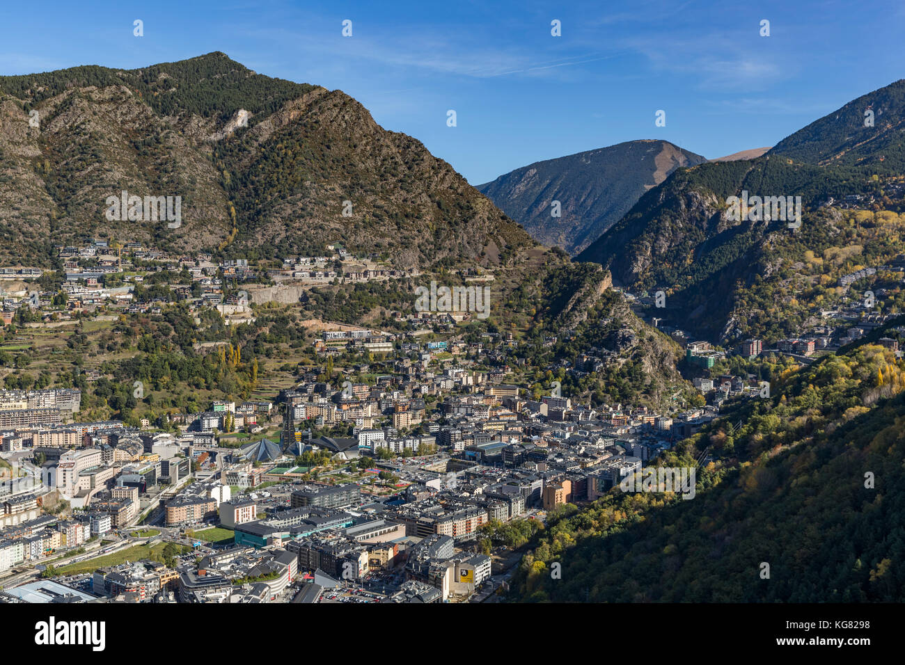 ANDORRA LA VELLA, ANDORRA - OCTOBER 28, 2017: Aerial view of Andorra la Vella, the capital of ...