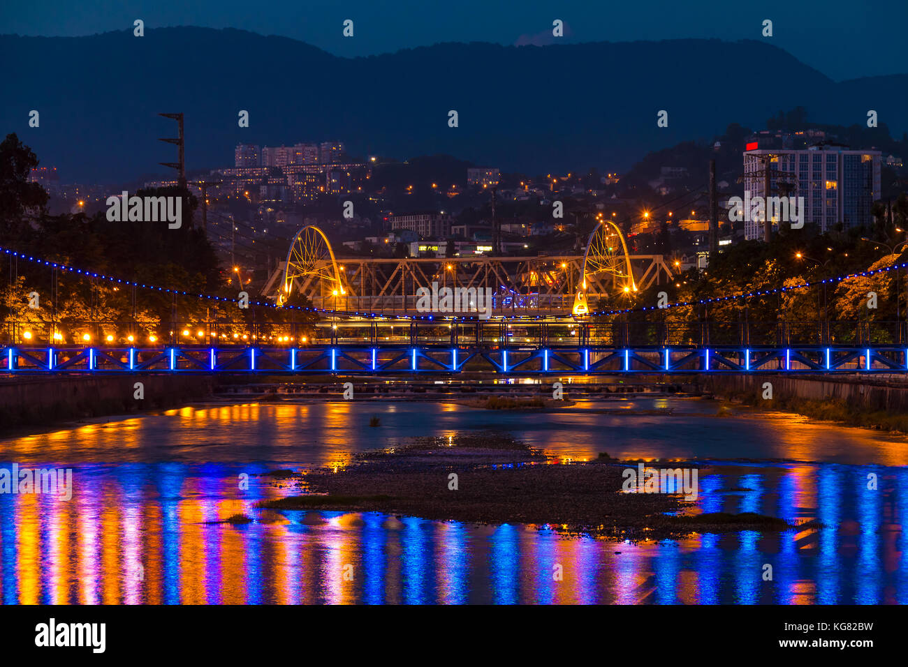 Night view of illuminated Malyy Kubanskiy bridge, Sochinskiy bridge ...