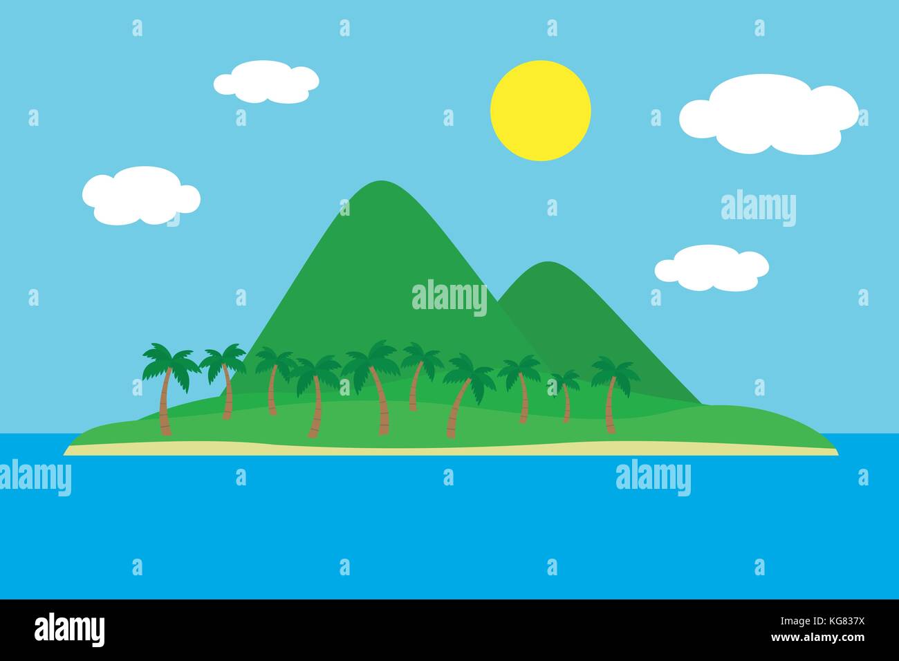 Cartoon colorful view of tropical island with beach under hills ...