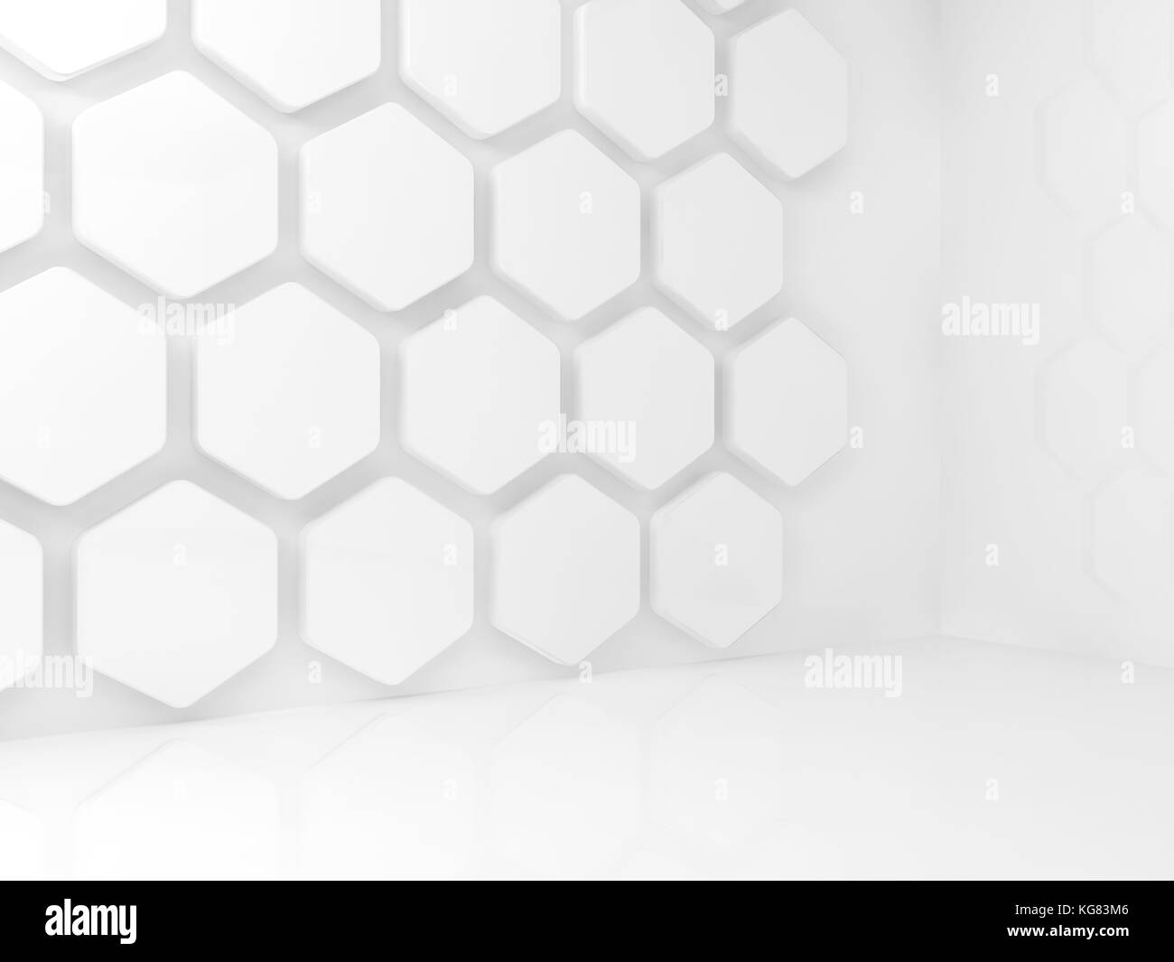 Abstract interior with white honeycomb installation on the wall, 3d ...