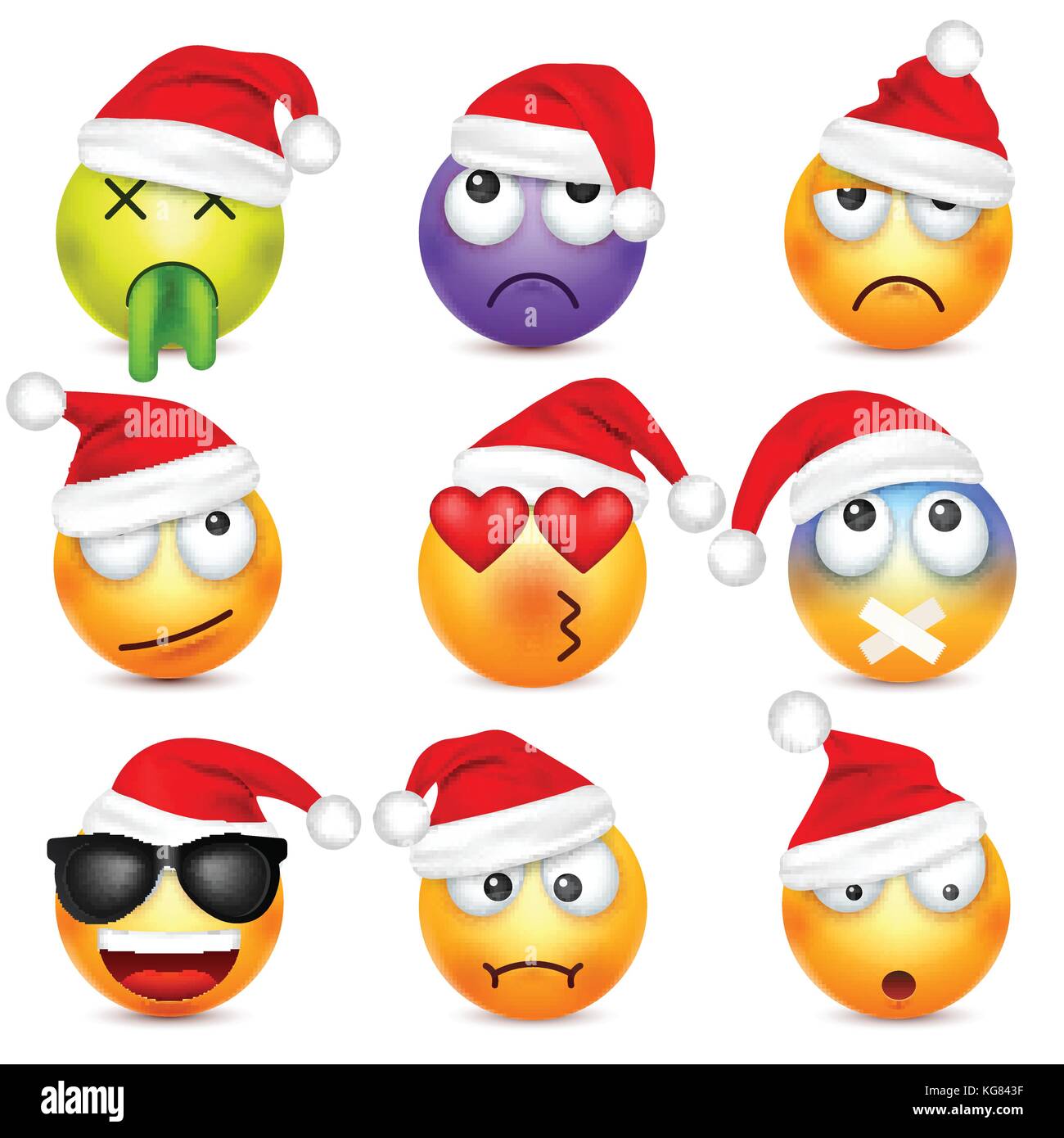 Smiley,emoticon set. Yellow face with emotions and Christmas hat. New ...