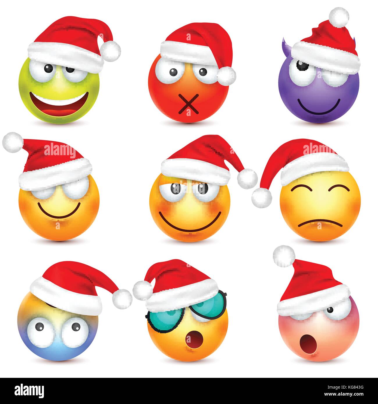 Smiley,emoticon set. Yellow face with emotions and Christmas hat. New ...