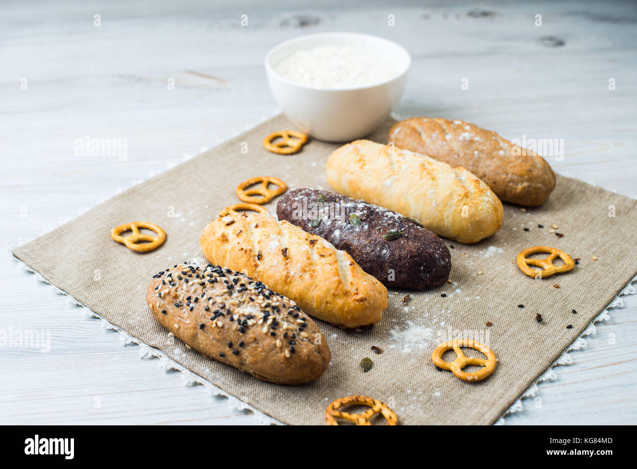 Bread plate with different types of bread made with different flours is ...