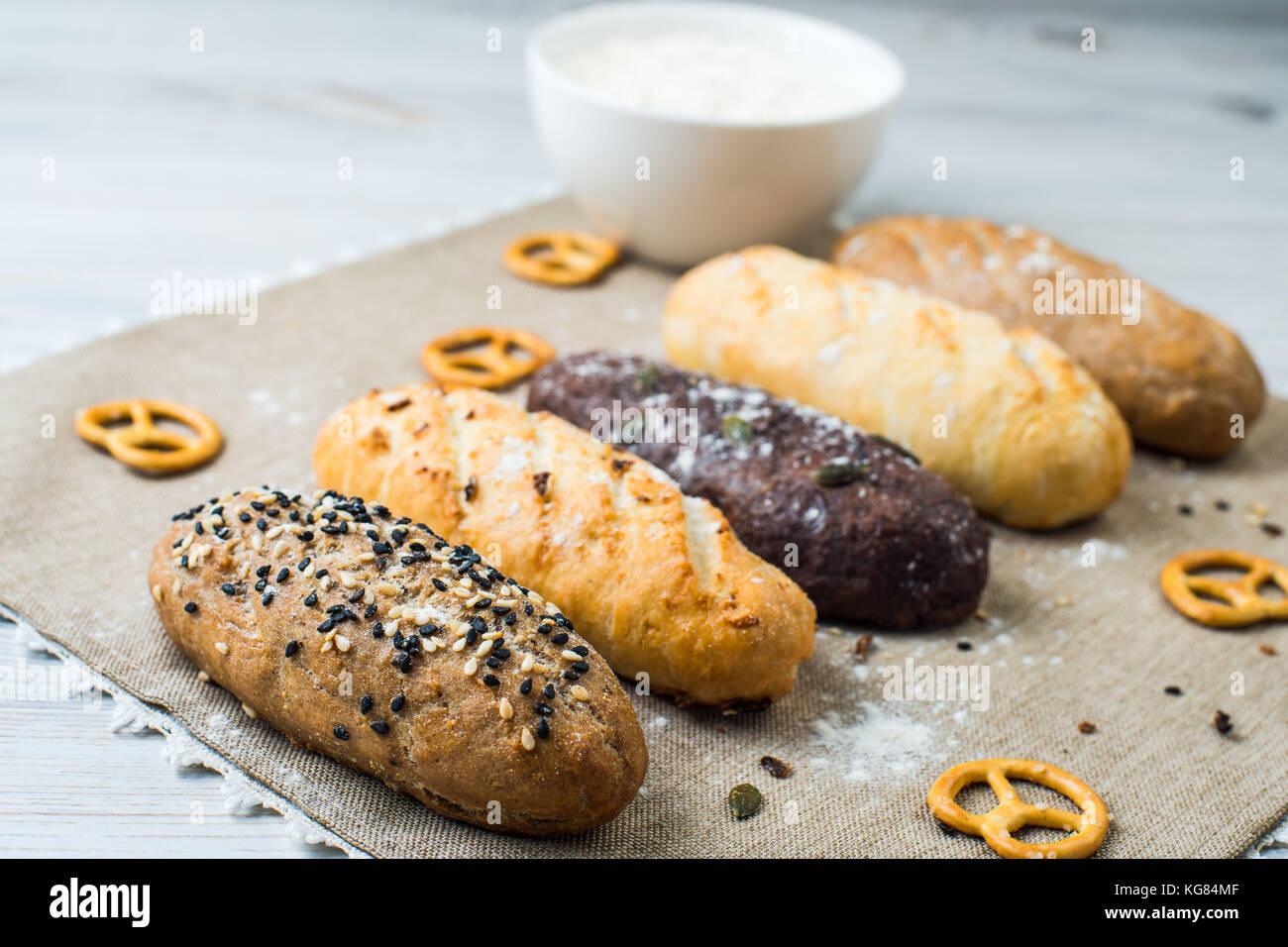 Bread plate with different types of bread made with different flours is ...