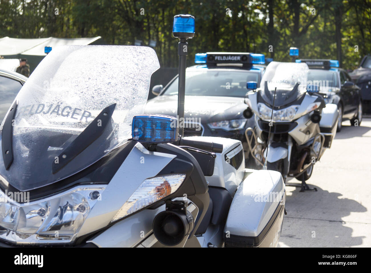 german feldjaeger, military police motorcycles and vehicles stands in ...