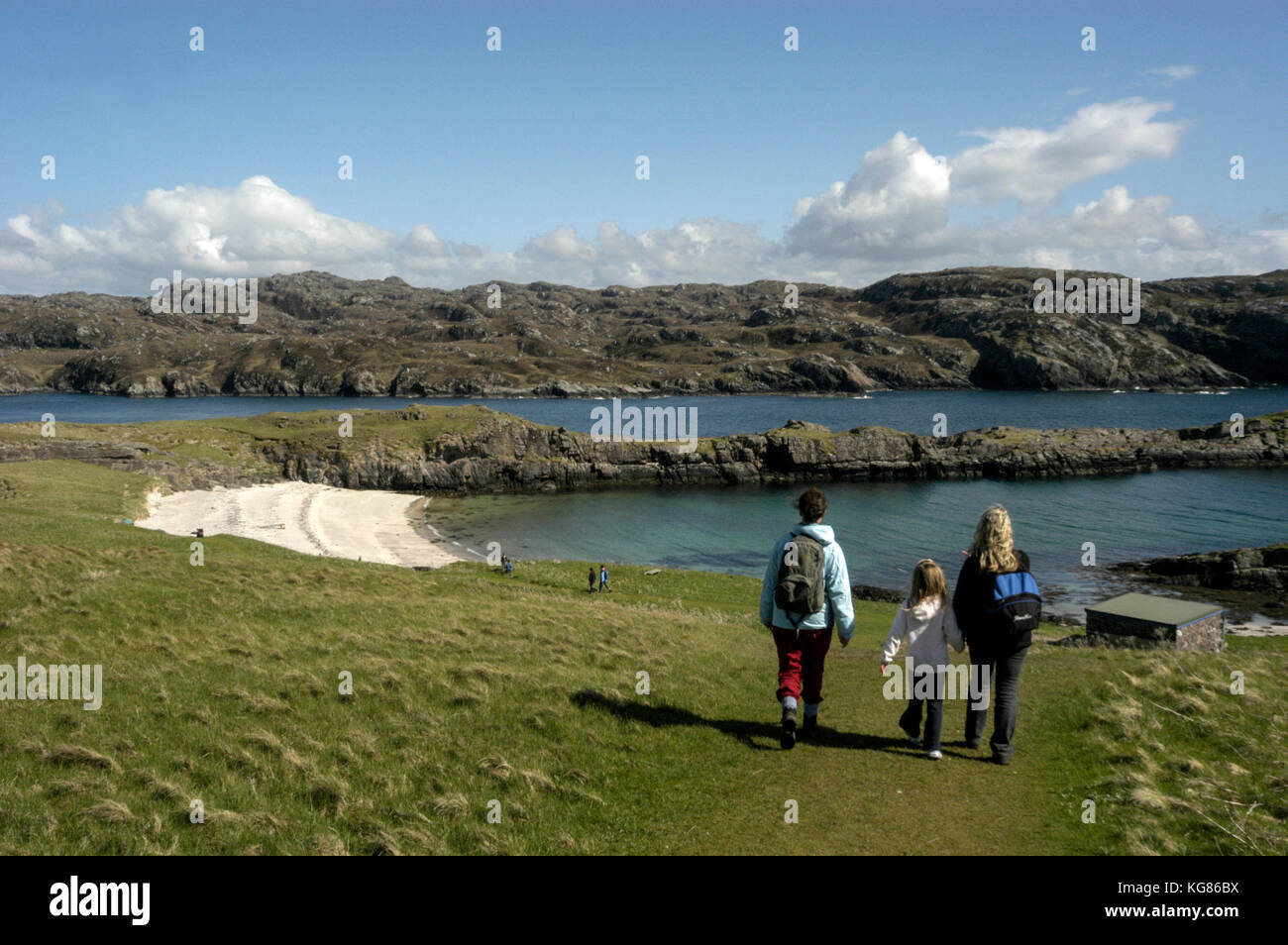 The barren landscape of the inhabited Handa Island. In the distance is ...
