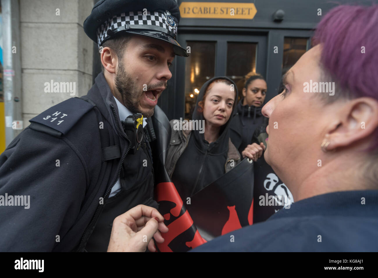 London, UK. 4th November 2017. A police officer shouts at Lisa Mckenzie ...