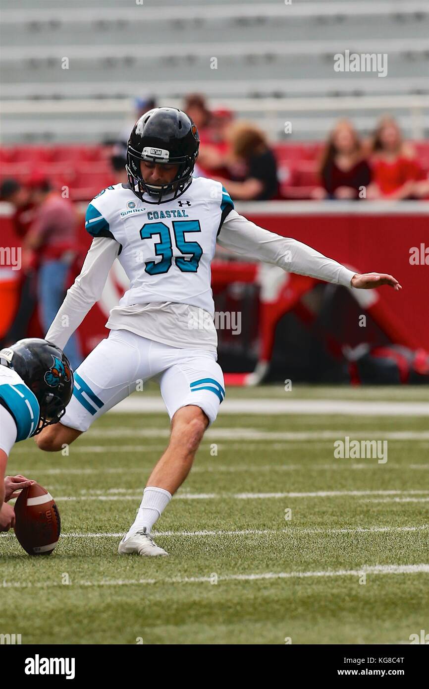 Nov 4, 2017: Evan Rabon #35 Coastal Carolina kicker works to loosen his ...