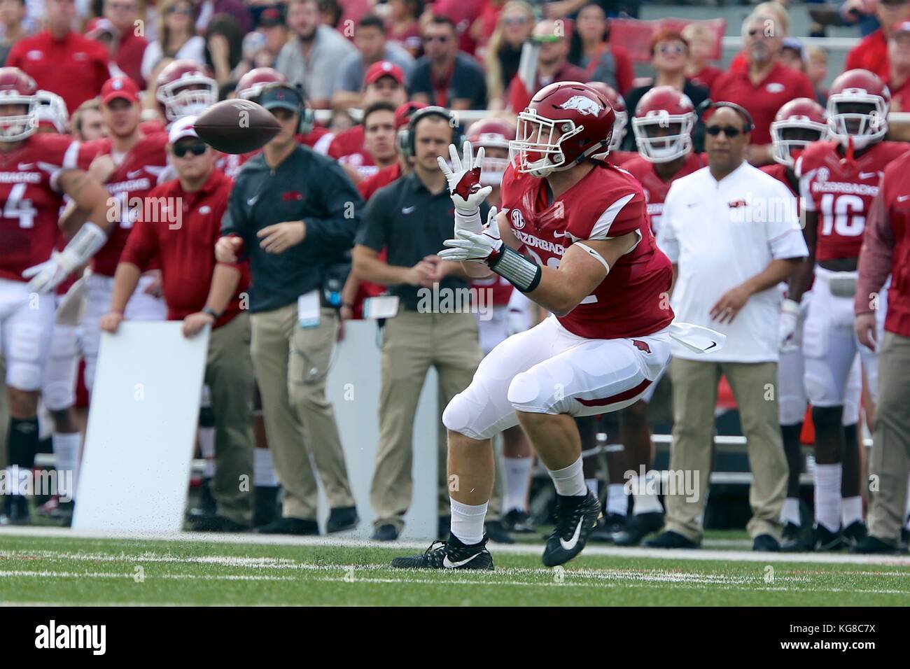 Nov 4, 2017: Arkansas running back Hayden Johnson #32 looks in a ball ...