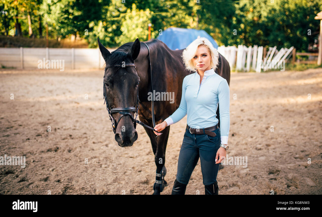 Portrait of young woman with brown horse. Equestrian sport, attractive ...