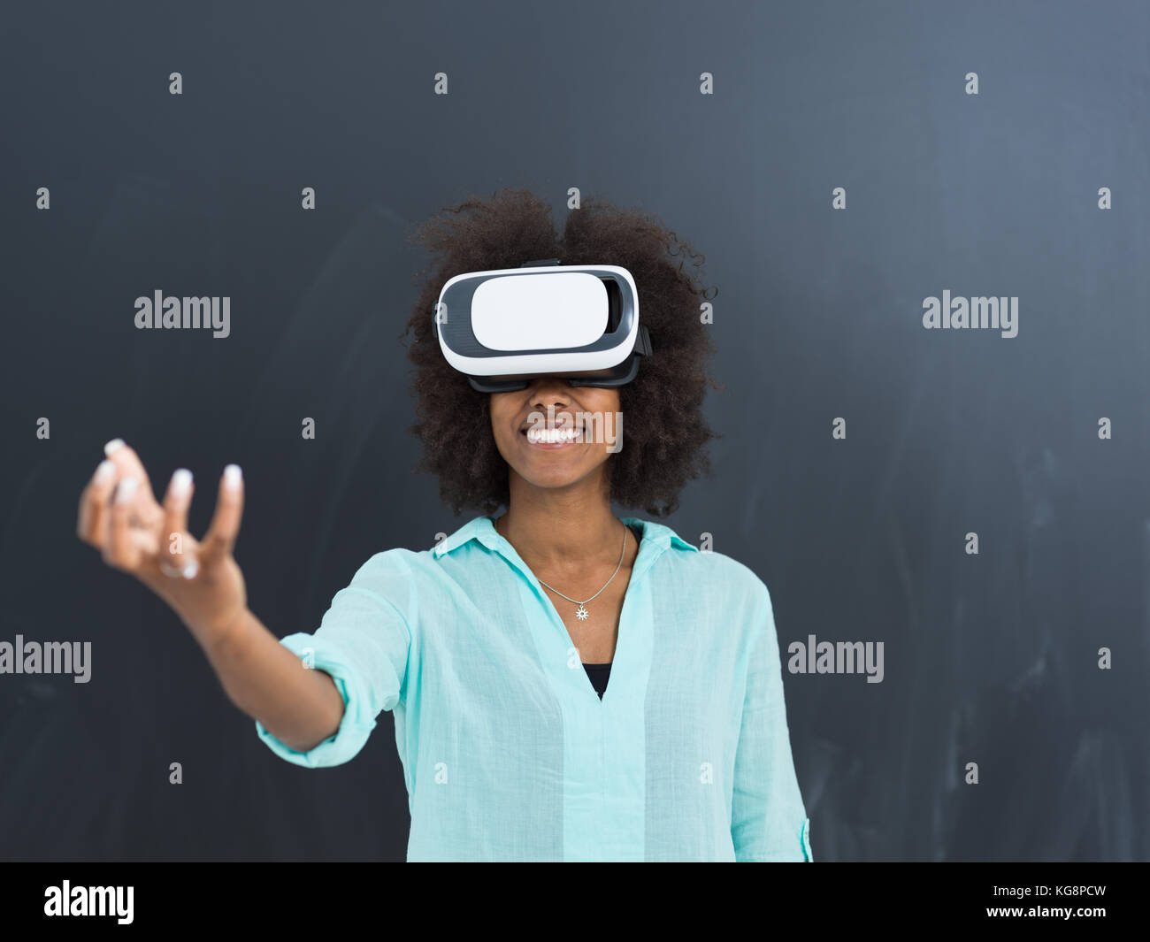 Happy african american girl getting experience using VR headset glasses ...