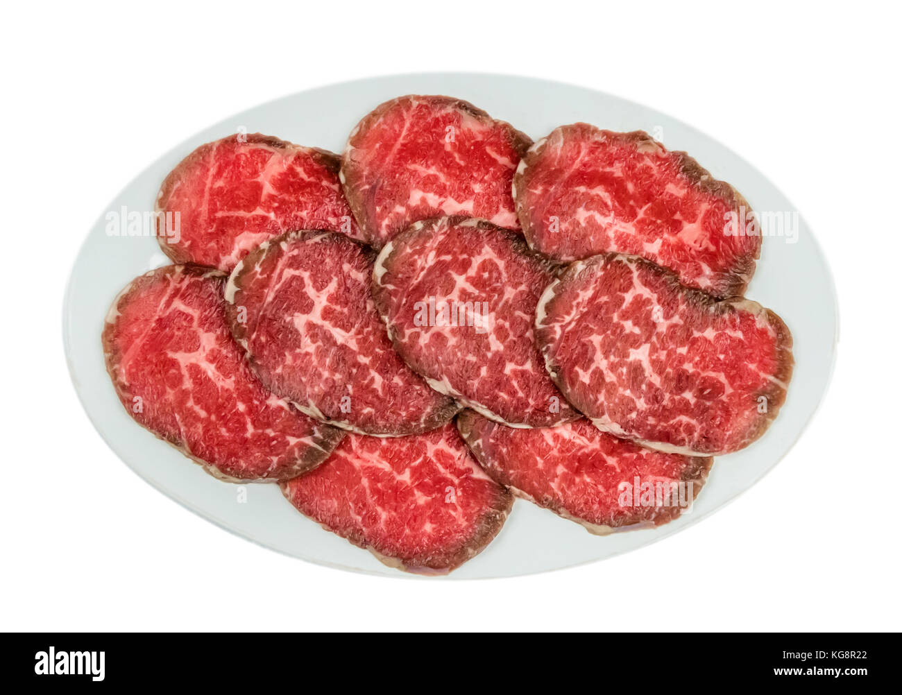 Top view of some raw beef fillets on a plate with white background ...