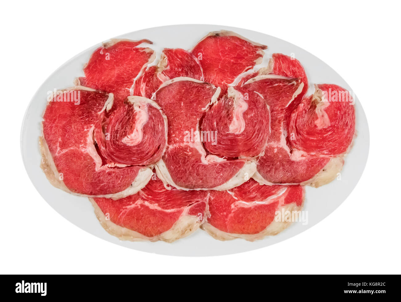 Top view of some raw beef fillets on a plate with white background ...