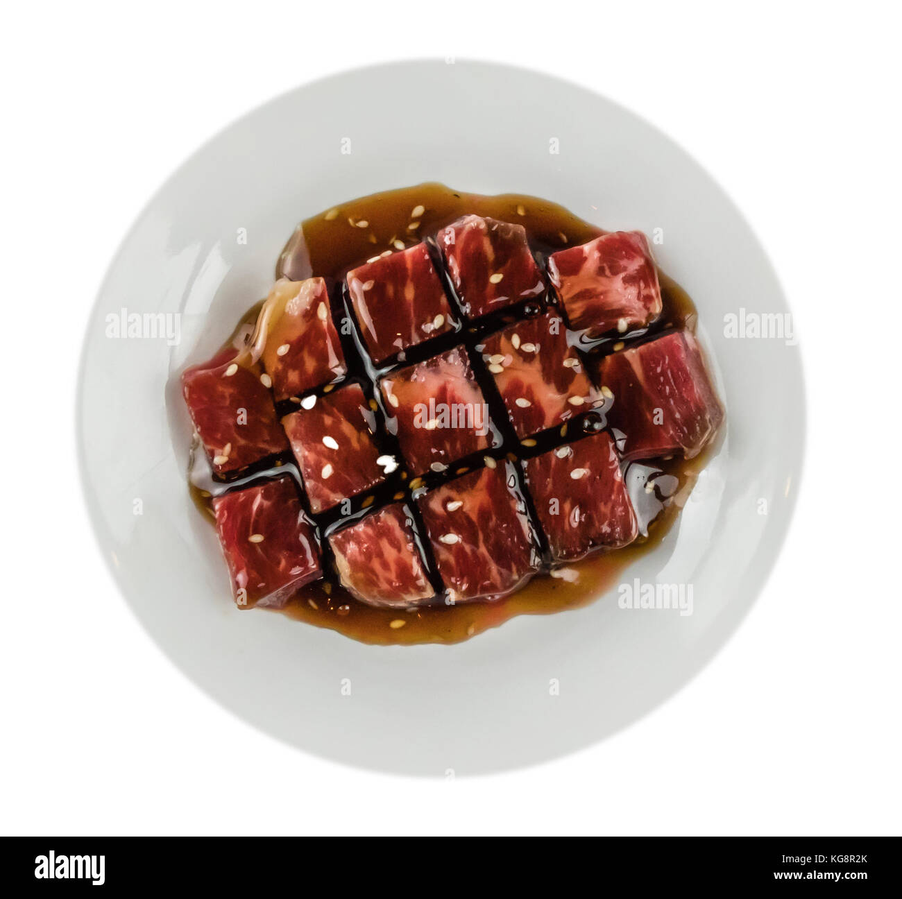 Top view of some raw beef fillets on a plate with white background ...