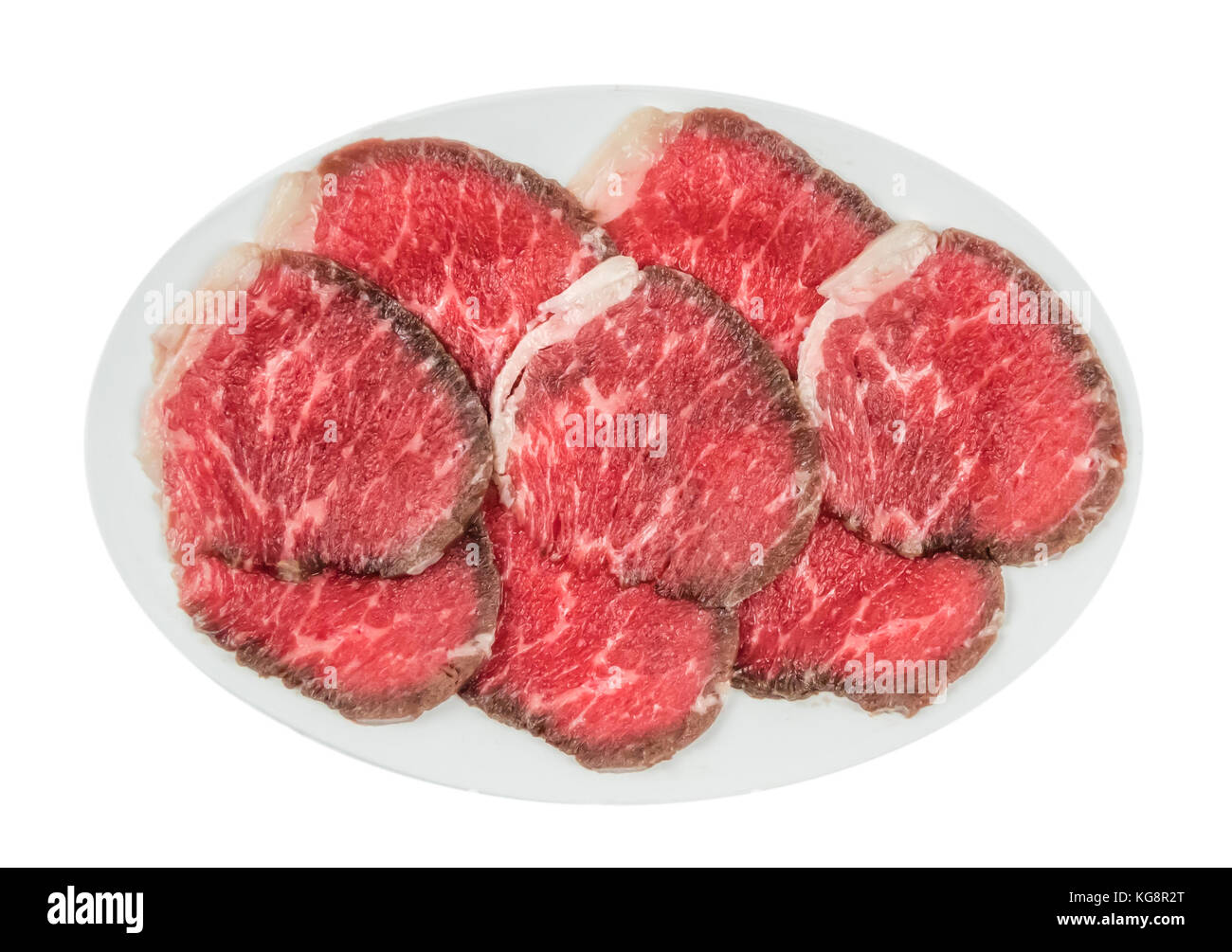 Top view of some raw beef fillets on a plate with white background ...