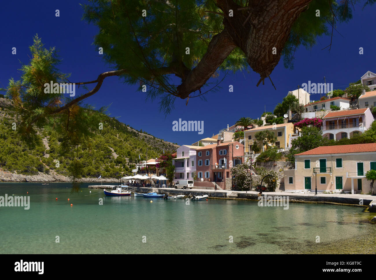 Clear blue sky above the Greek fishing village of Asos in Cephalonia ...