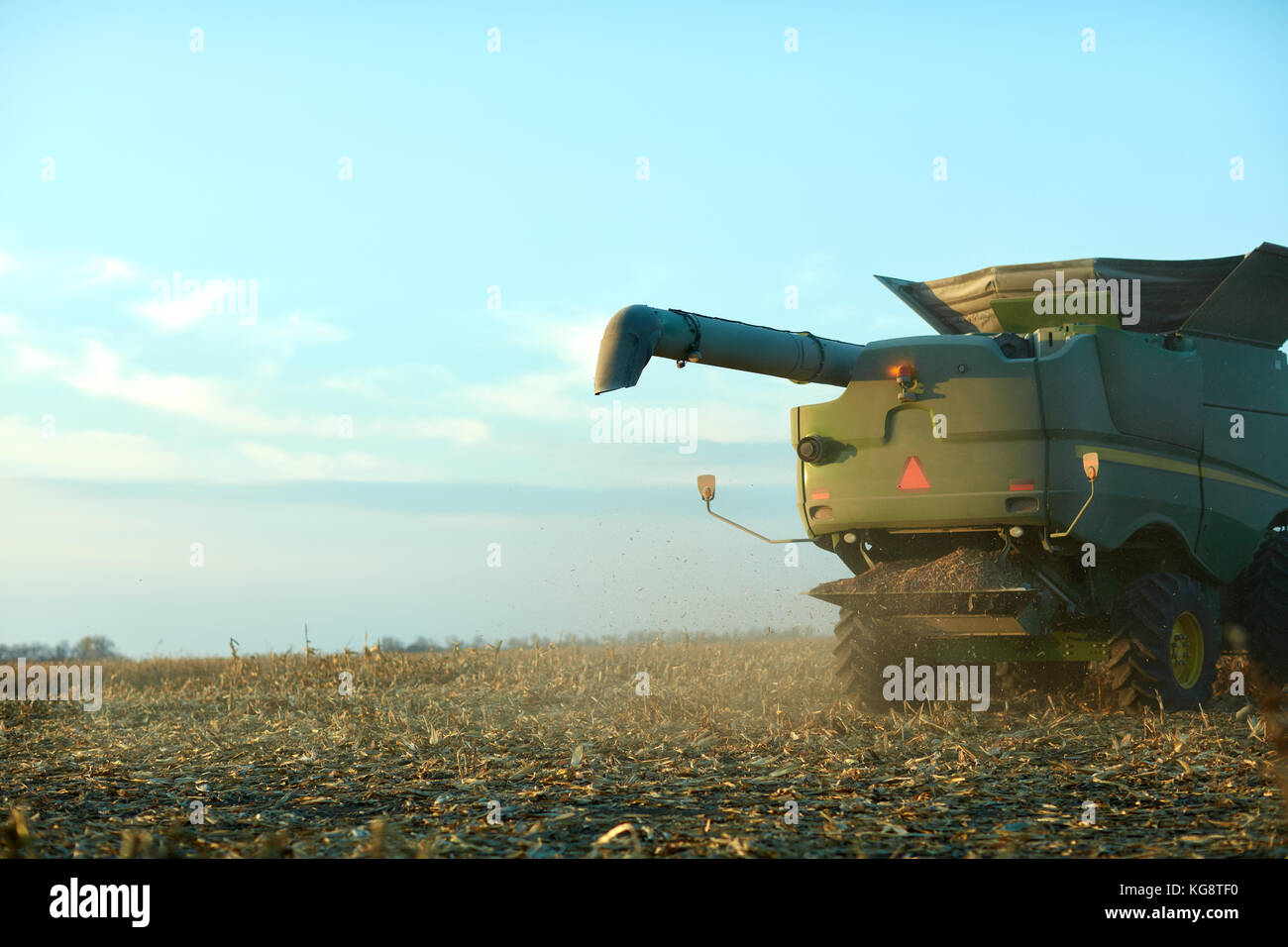 Chaff blowing into the air behind a combine harvester as it harvests ...