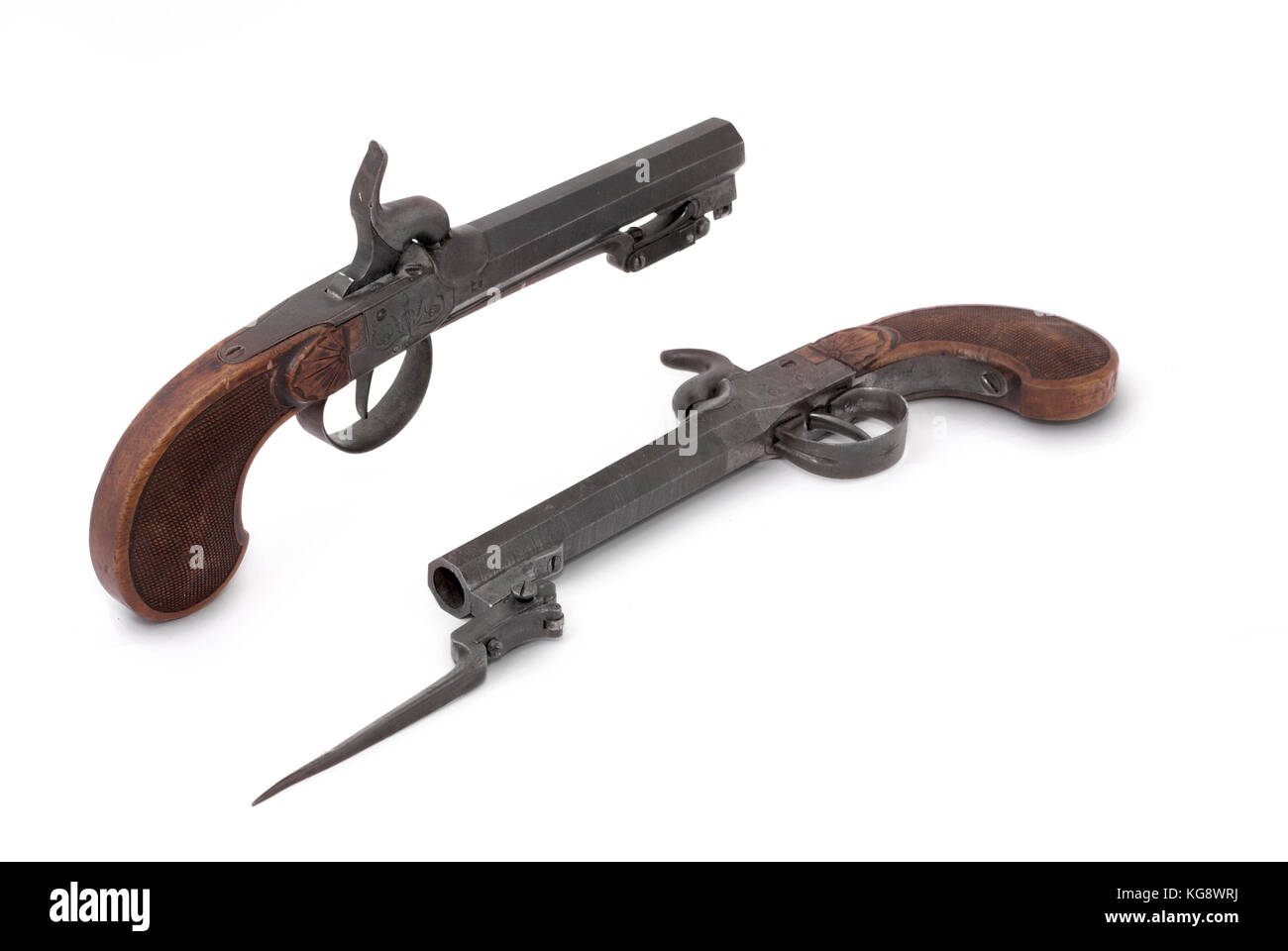 Pair of duel cap pistols of the 19th century with small bayonets ...