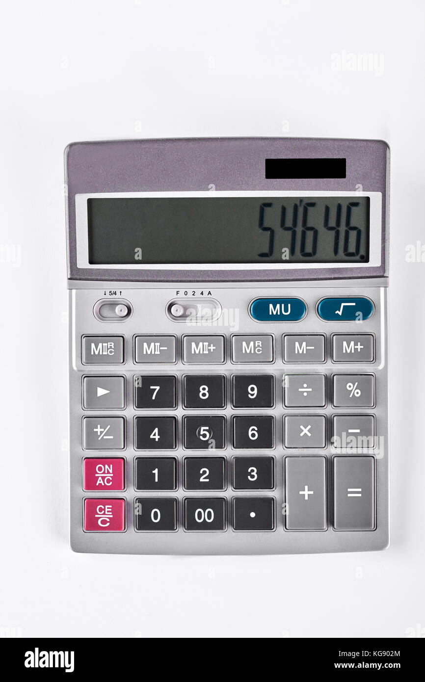 Grey calculator on white background Stock Photo - Alamy