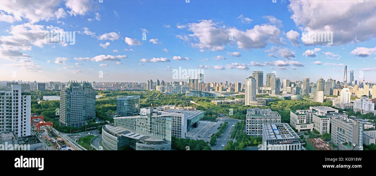 A panoramic image of the Pudong New Area of Shanghai China on a blue ...