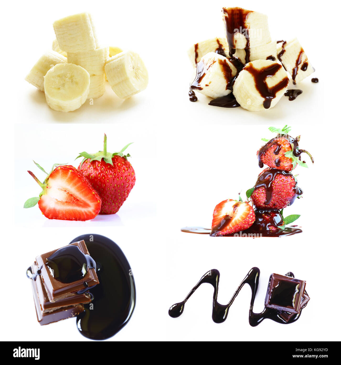collage, set of berries and fruits in chocolate syrup on a white ...